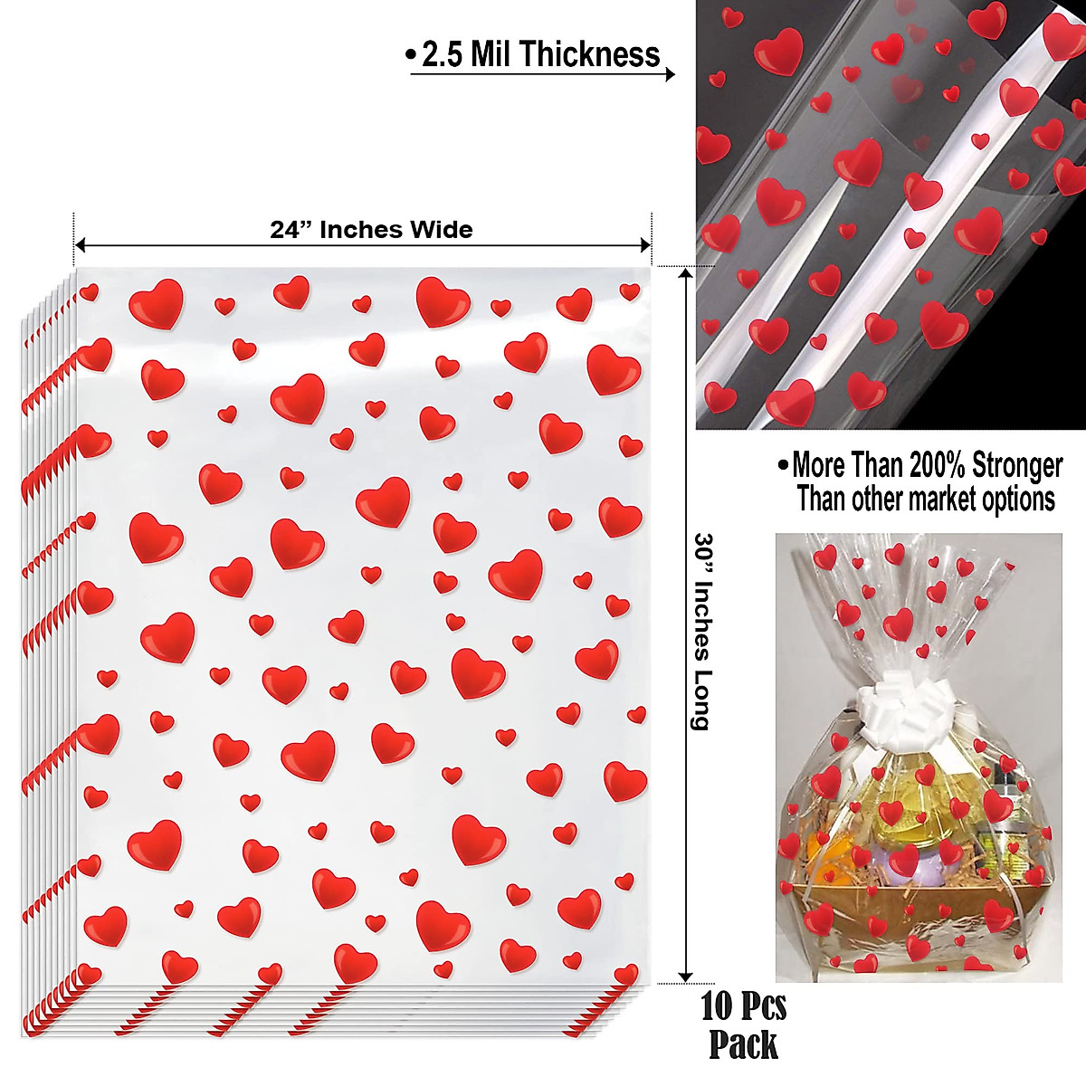 AnapoliZ Cellophane Wrap Bags with Hearts | (10 Pcs) X-Large 24” in X 30” in | 2.5 Mil Thick Crystal Clear Cellophane Bags with Hearts | Gifts, Baskets Wrapping | Valentines, Mother’s Day Baskets