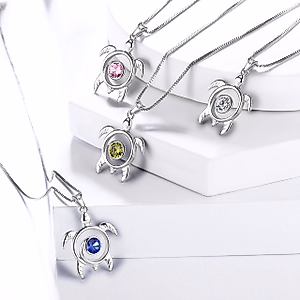 Aurora Tears Turtle Necklace Customized Birthstone 925 Sterling Silver Sea Animal Personalized Turtle Pendant Women Cute Jewelry DP0172 (B.Purple-February-Amethyst)