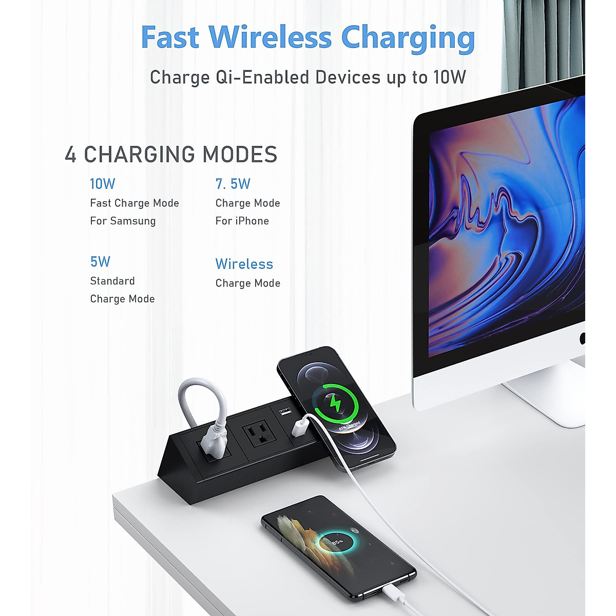 Desk Clamp Power Strip with Wireless Charger,Desk Mounted Power Strip with USB,900 Joules Surge Protector Desk Edge Power Strip,Desk Power Station with 2 Outlet and 2 USB Ports,6ft Cable