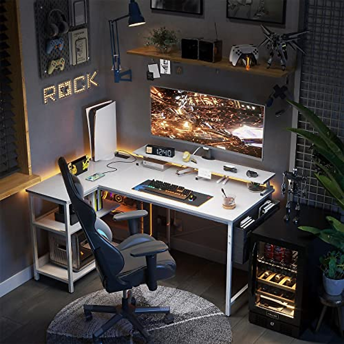 ODK L Shaped 48 Inch Computer Desk with USB Charging Port & Power Outlet, L-Shaped Corner Desk with Storage Shelves & Monitor Shelf for Home Office Workstation, Modern Writing Table, White