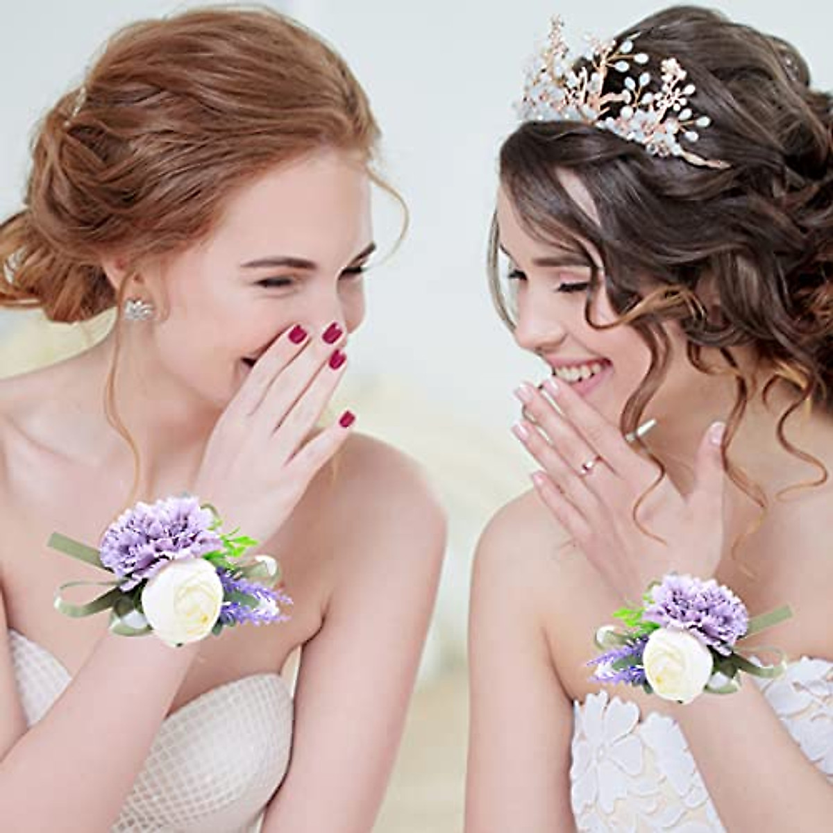 Campsis Set of 2 Wedding Bride Rose Flower Wrist Corsage White Handmade Leave Hand Flower Bride Bridal Bridesmaid Wristlet for Engagement Prom Party Beach Photography