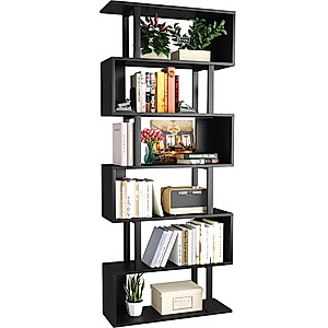 Yusong S Shaped Bookshelf, Modern Geometric Bookcase, 6-Tier Black Display Case Book Shelf