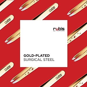 Rubis Classic 6-Star Stainless Steel Slanted Tweezers for Precise Eyebrows and Hair Removal, 1K103CT, Gold, The Gold Collection,Rubis Switzerland Swiss Made World Renowned Precision