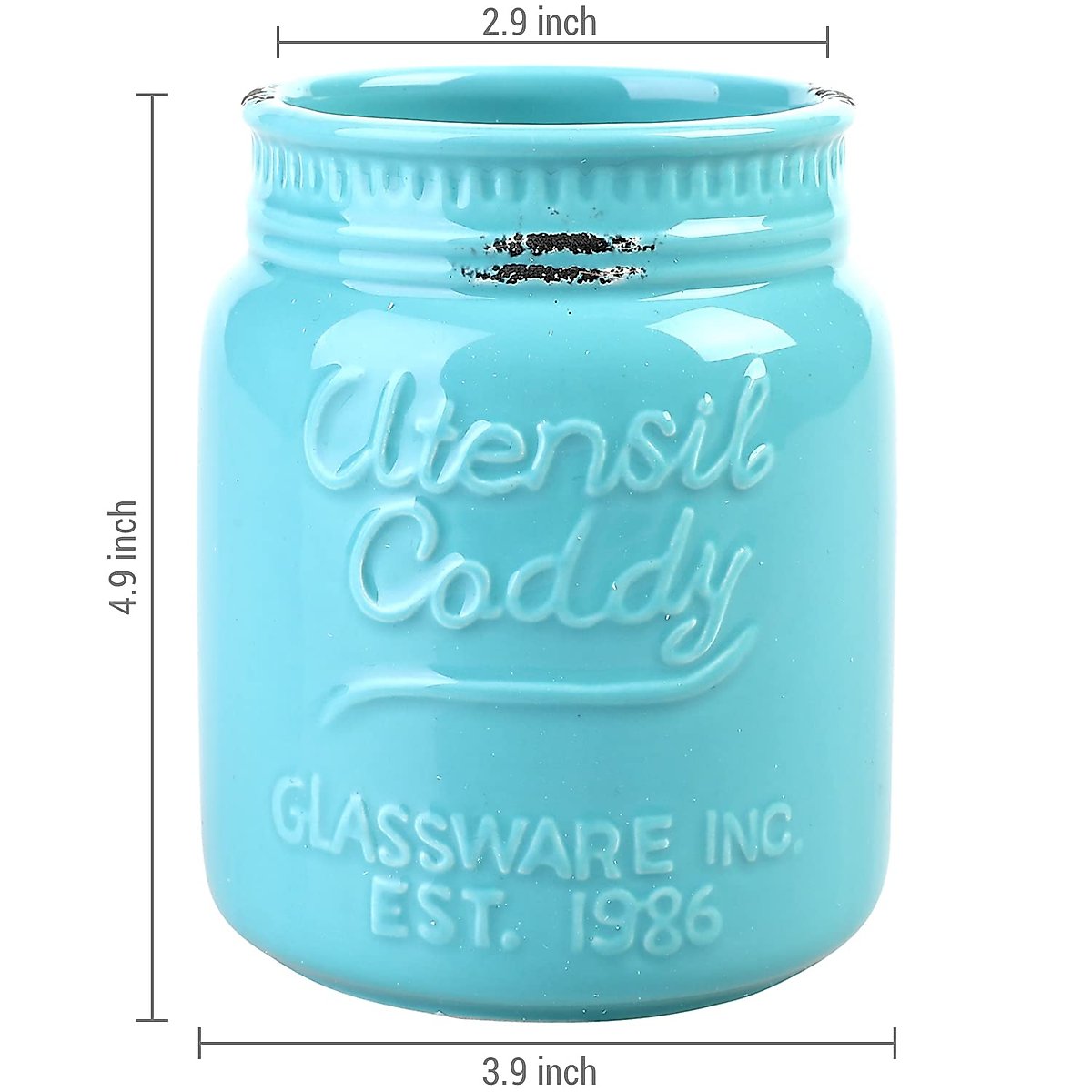 MyGift Aqua Blue Ceramic Mason Jar Flatware Holder Storage Organizer with Decorative Embossed Utensil Caddy Word Design, Farmhouse Kitchen Decor, Set of 3