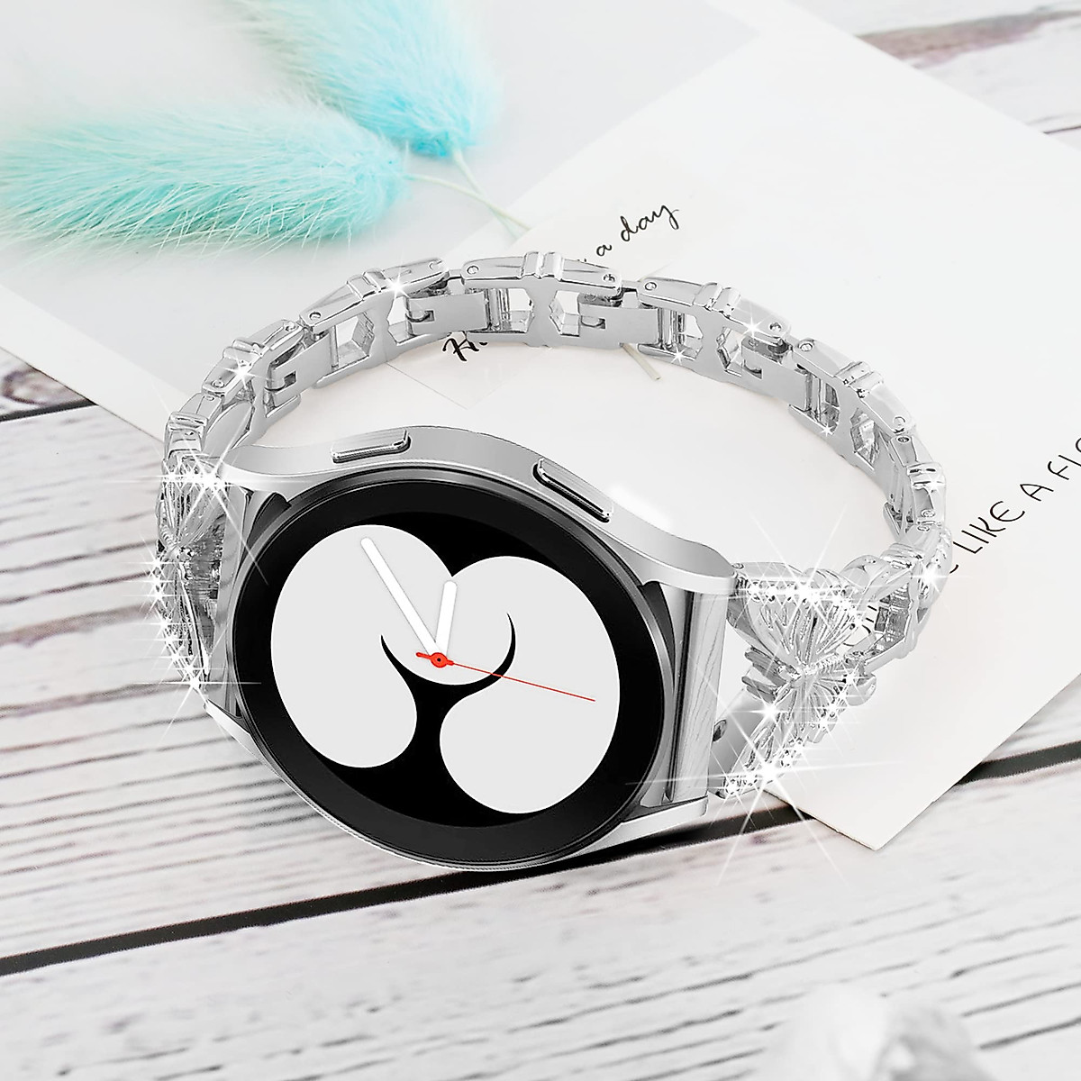 G-ficu 20mm Watch Band for Samsung Galaxy Watch 7 6 5 4 FE Band 40mm 44mm, Women Bling Diamond Slim Metal band for Samsung Watch Bands 7 6 5 4 FE/5Pro/Watch 6 4 Classic/Watch 3 41mm/Active 2-Silver