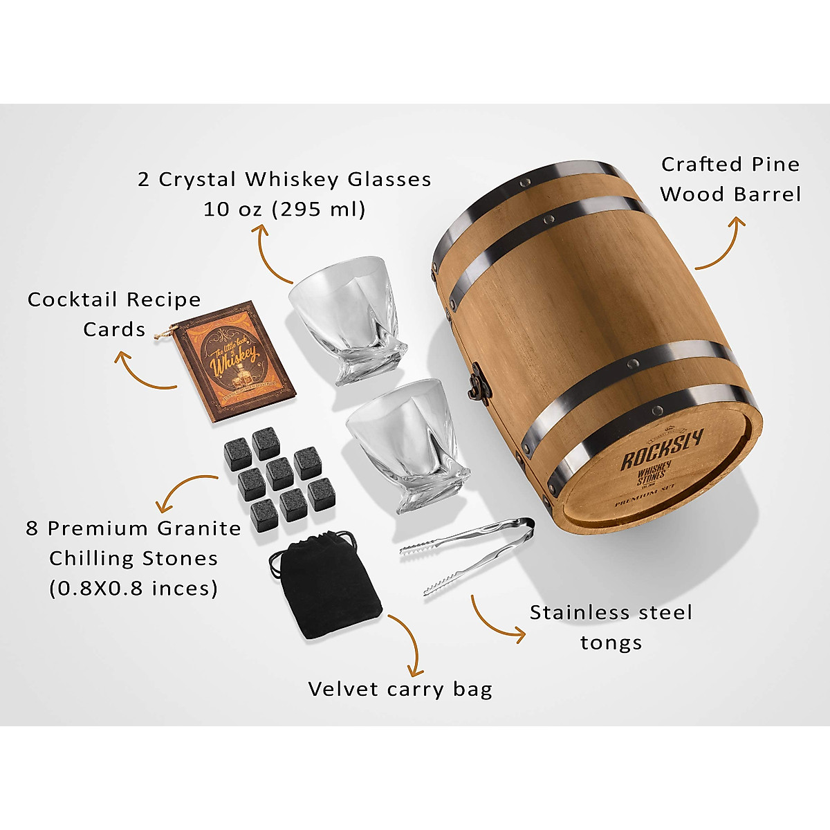 ROCKSLY Full Barrel BAR Set: Men’s Premium Whiskey Stones Gift Box, Wood Case & Stand, 2 Glasses, 8 Stones, Tongs, Carry Bag, & Cocktail Cards, 14 Pcs