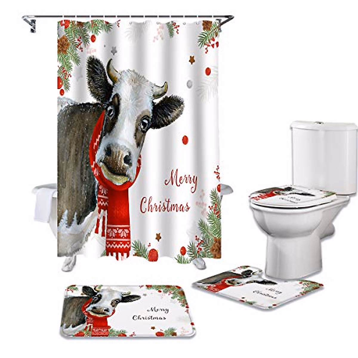 Greeeen 4 Piece Shower Curtain Sets with Non-Slip Rugs, Toilet Lid Cover and Bath Mat, USA Country Style Merry Christmas Milk Cow Xmas Berrt Shower Curtain with 12 Hooks, Durable and Waterproof