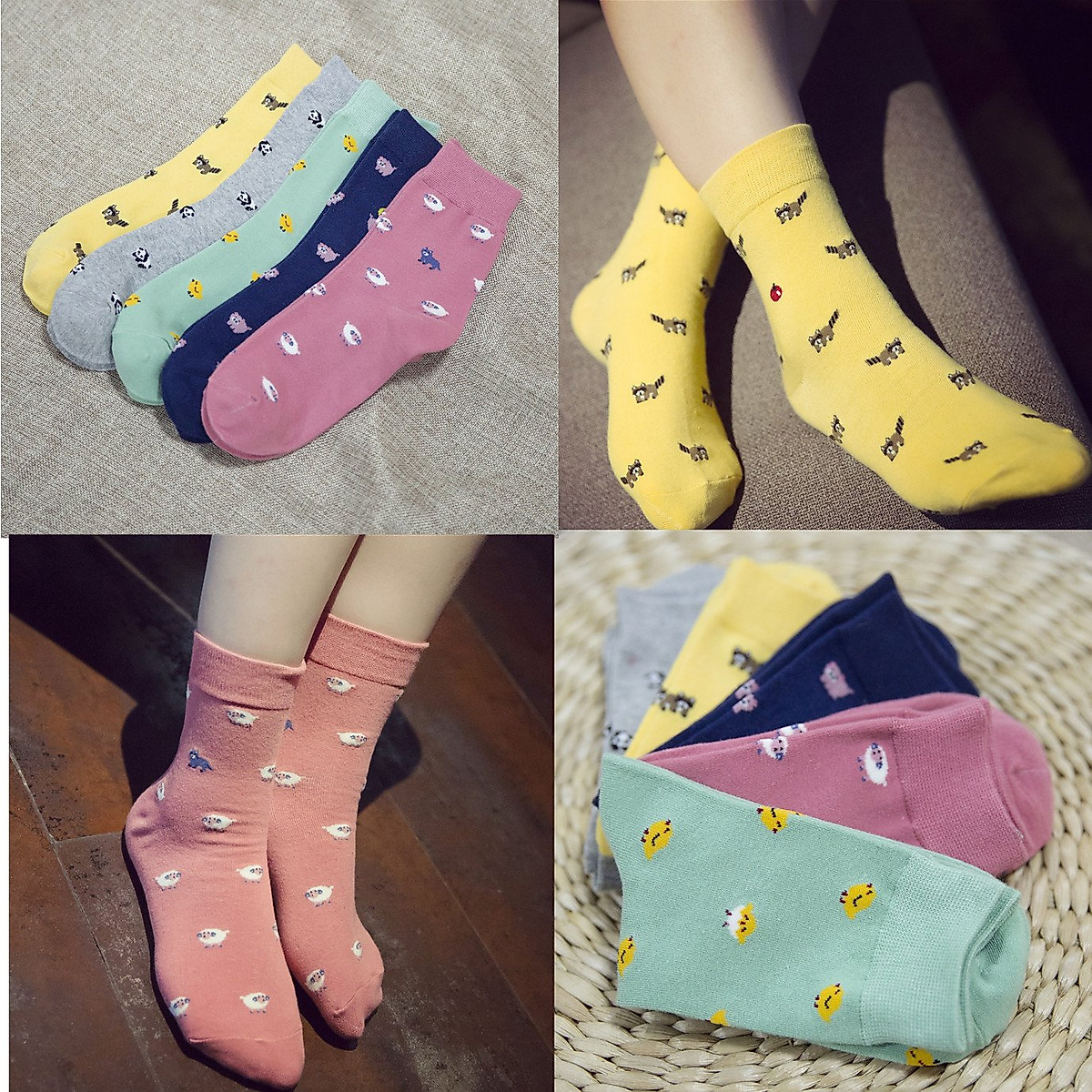 5 Pairs Women Crew Socks Casual Cute Cotton Animal Socks Long Ankle Socks Design Gifts for Women Girls X1-animals903