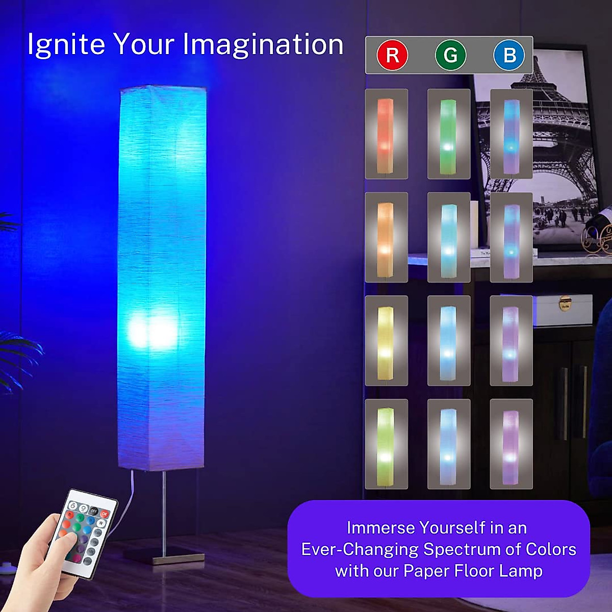 LIGHTACCENTS Honors Color Changing Floor Lamp With Two RGB LED Bulbs And Remote Control - Select From 4 Color Changing Modes. The Remote also has a built-in dimmer.