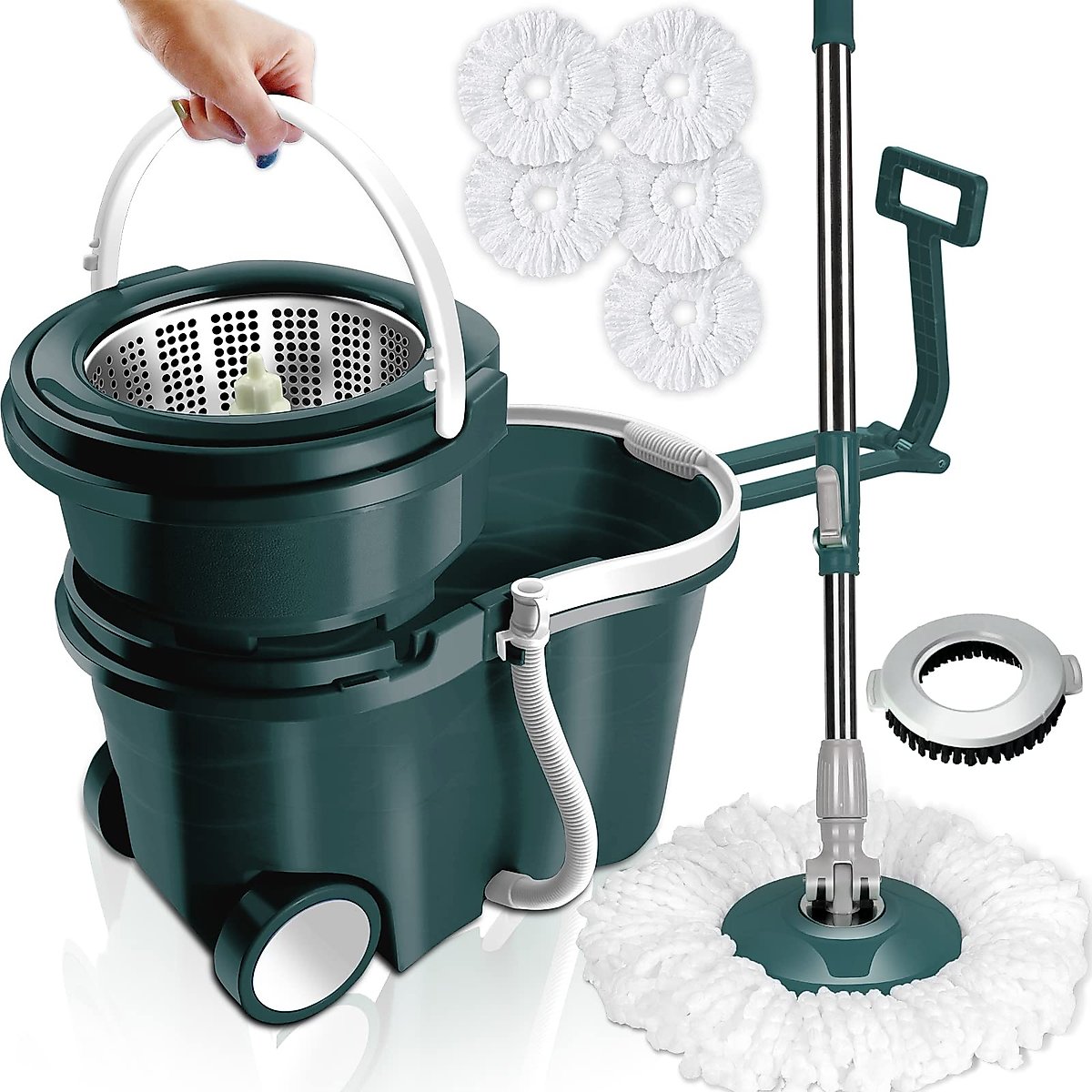Masthome 24" Professional Flat Mop with 5 Reusable Mop Pads, Spin Mop and Bucket Set with 5 Mop Refills, Easywring Mop Bucket System for Floor Cleaning