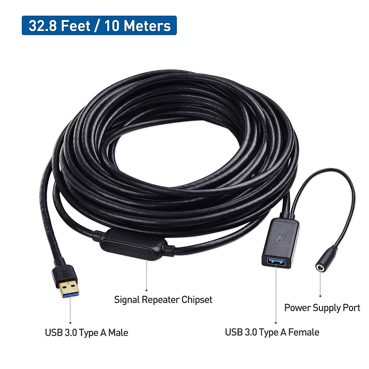 Cable Matters Active USB Extension Cable 32.8 ft / 10m (USB 3.0 Extension Cable Male to Female) with Signal Booster for Hard Drive, Webcam and More