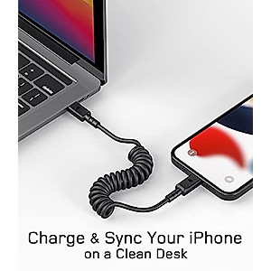 dé Coiled USB-C to Lightning Cable (Note: USB C, not USB), Coiled Lightning Cable 3ft [CarPlay Compatible & MFi Certified], for iPhone 12 Pro Max/12/13/11 Pro/11/X/8/iPad