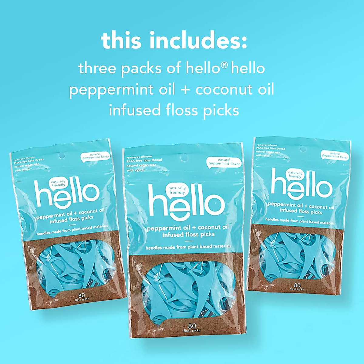hello Peppermint Floss Picks, Natural Peppermint + Xylitol Infused, PFAS-free Thread, Vegan & Sls Free, 80 Count (3 Packs Of 80, Total Of 240 Floss Picks), 3 count