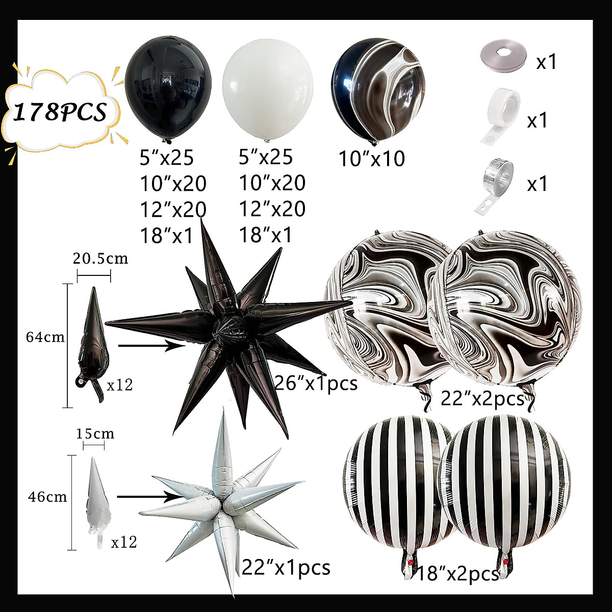 Woaipati 178 PCS Black and White Balloon Garland Arch Kit with Striped Balloons,4D Agate Balloons and Explosion Star Foil Balloons for Men or Women's Birthday,Wedding,Disco Party Decorations Supplies