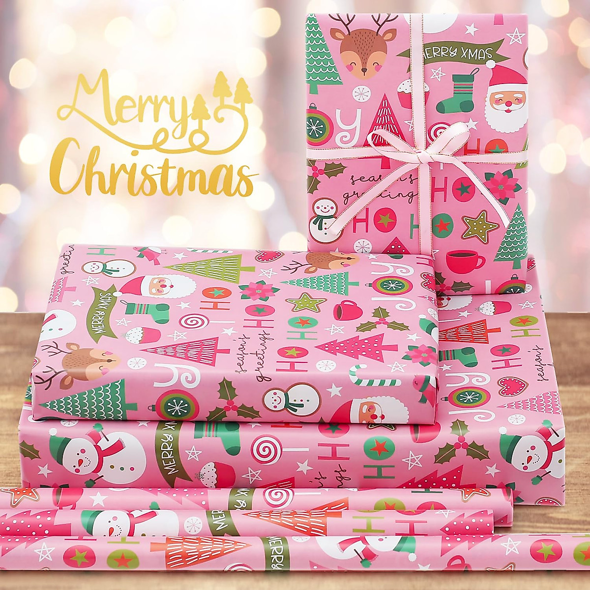 Pink Christmas Wrapping Paper, Baby Pink Merry Christmas Xmas Santa Snowman Wrapping Paper with Pink Ribbon 7 Folded Sheets 28x20 Inches Santa Wrap Paper for Kids Girls Women Christmas Holidays