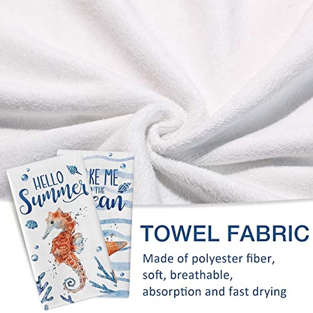 Seliem Hello Summer Sea Horse Starfish Kitchen Dish Towel Set of 2, Conch Coral Coastal Beach Hand Towel Nautical Drying Baking Cooking Cloth, Take Me to The Ocean Seasonal Home Kitchen Decor 18x26