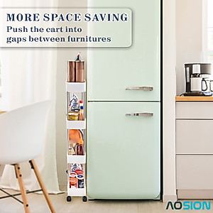 AOSION Slim Storage Cart with Wheels, White, 5.1in Width, 4-Tier Kitchen Storage Organizer, Waterproof and Rust-Proof