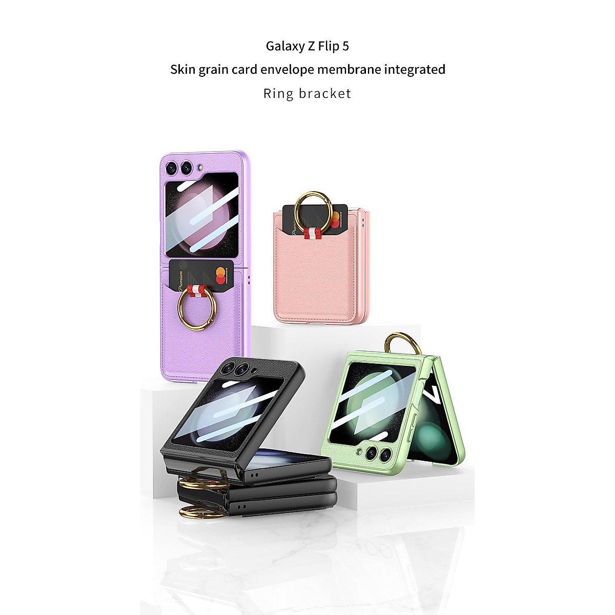 TECHY for Galaxy Z Flip 5 Case with Ring & Card Holder, Pocket Storage, Slim Leather Case, Key Ring Wallet Cover Built-in Screen Protector for Galaxy Z Flip 5 Case, Black