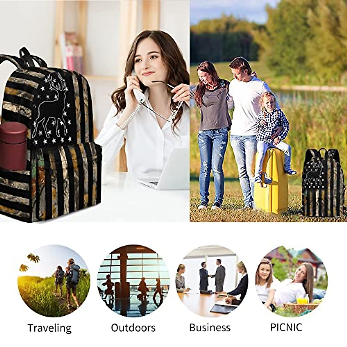 Ridzorgt Fox Backpack, Lightweight College Bookbag Durable Laptop Wear-resistant Rucksack, Casual Daypack for Office (Camo Forest Deer Flag)