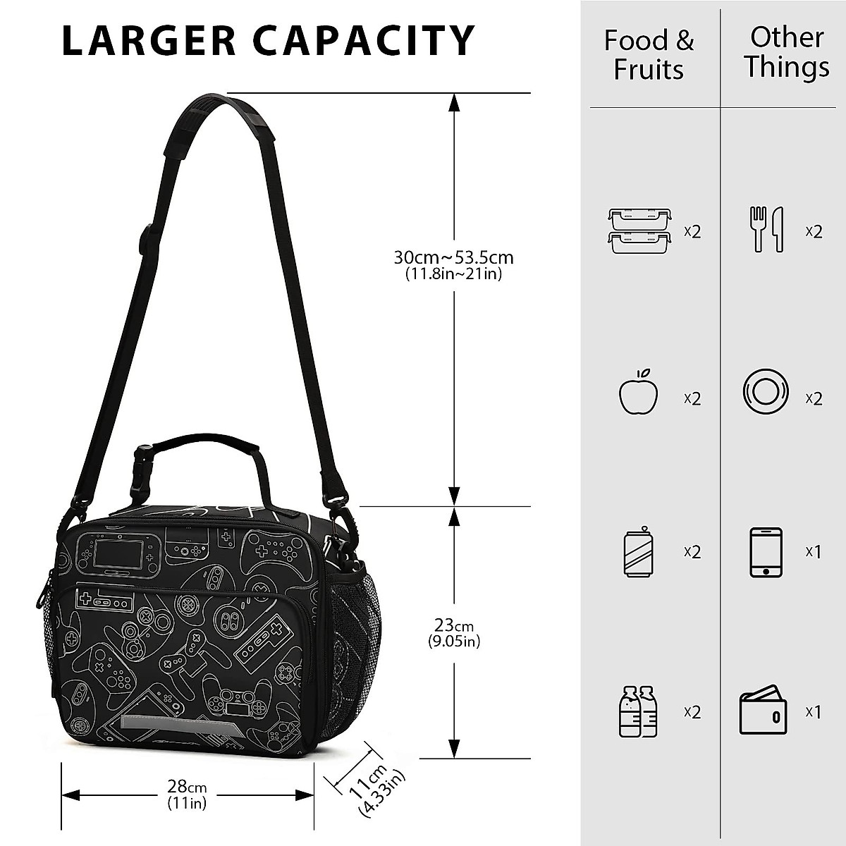 Glaphy Video Game Pattern Black Lunch Bag, Cooler Lunch Tote Box Insulated Lunch Bags Food Container for Boys Girls Kids