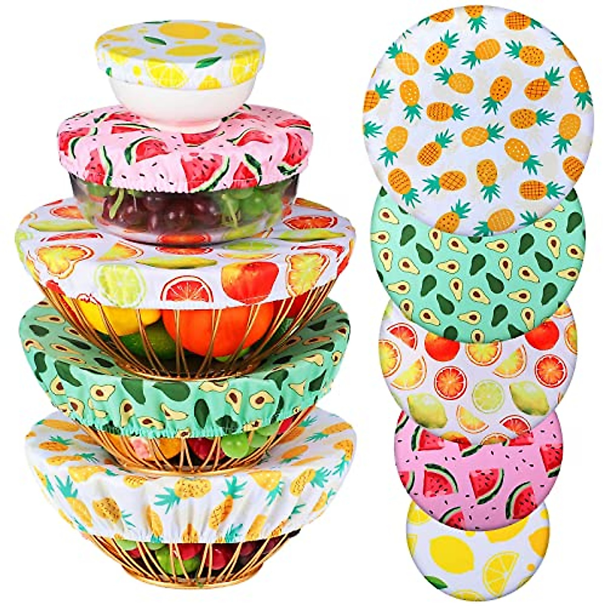 10 Pieces Bowl Covers Reusable in 5 Size Stretch Cloth Fabric Elastic Food Storage Cotton Bread Lids for Food, Fruits, Leftover (Summer Style)