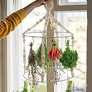 ZUKPUMNE Herb Hanging Drying Rack, Herb Drying 15 Hooks with Rack, Kitchen Decor Flower Drying Hanging Rack, Boho Macrame Handcrafted Drying Rack for Herbs and Plants