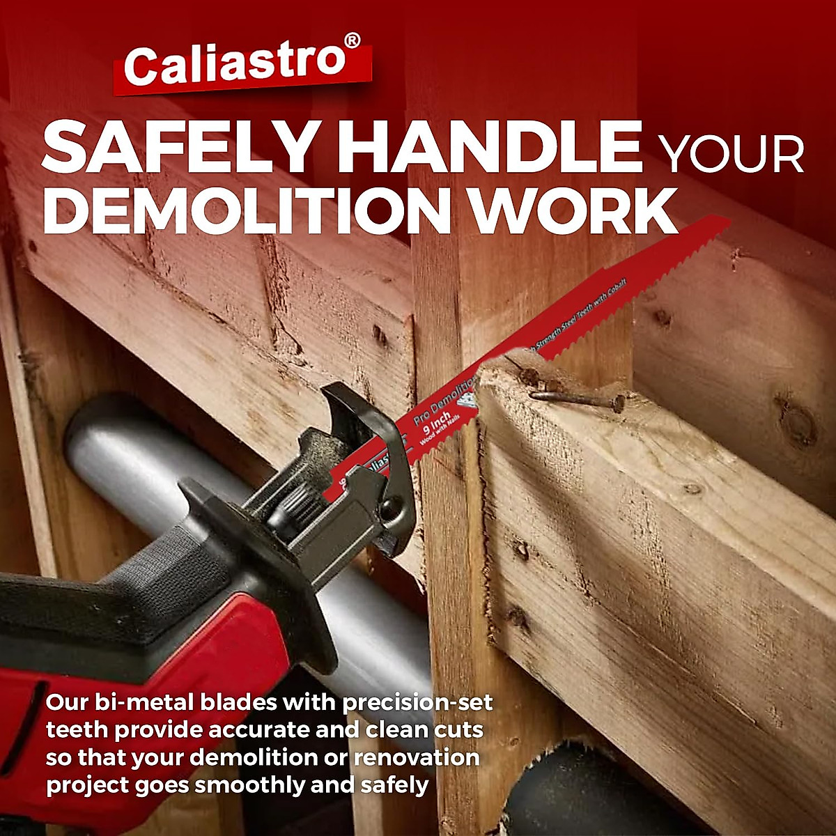 9-Inch Wood with Nails Demolition Reciprocating Saw Blades Made of Long Lasting Bi-Metal with Cobalt Teeth for Reciprocating/Sawzall Saws - 5 Pack - Caliastro