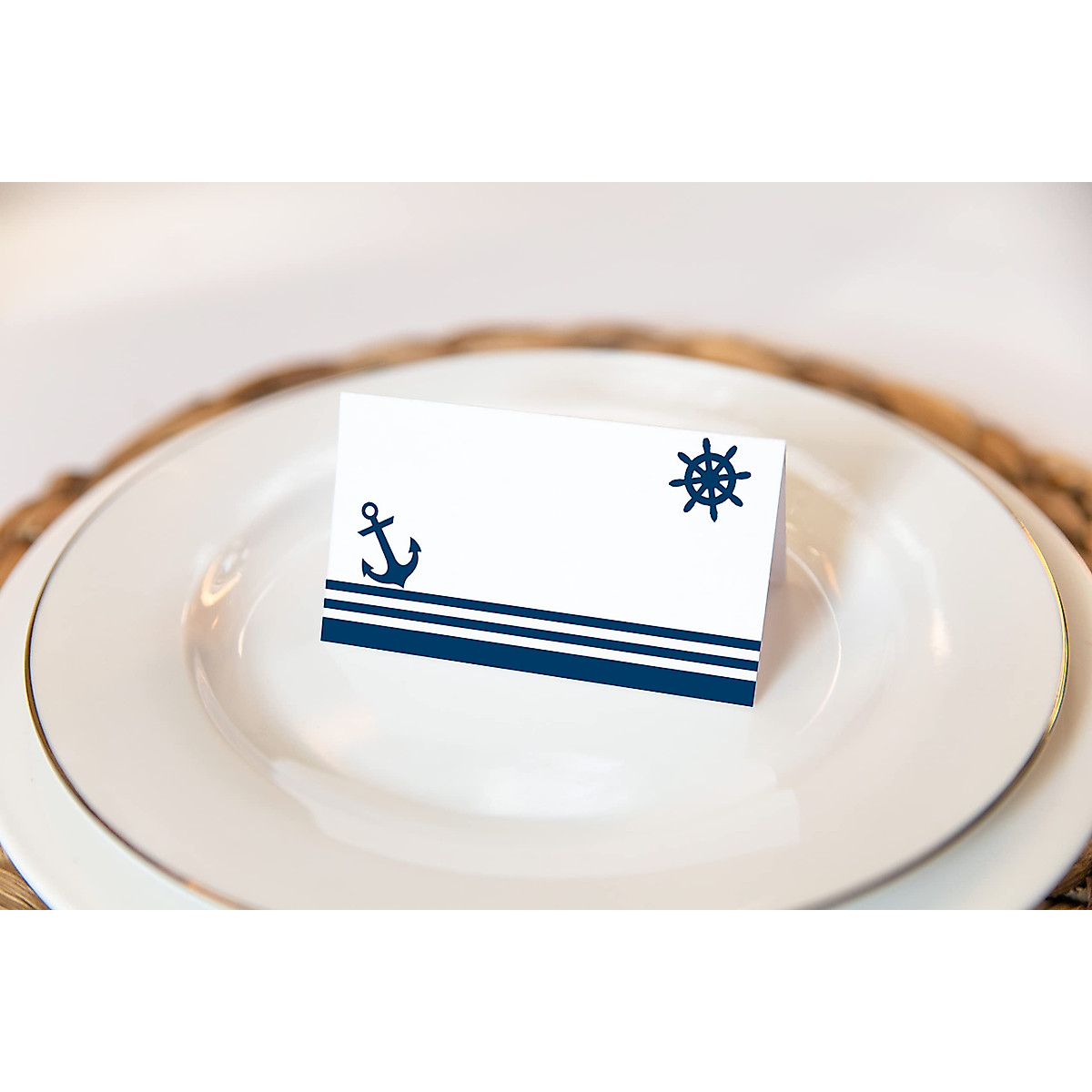 Nautical Place Cards - 25 Pack - Nautical Food Cards. Blue Anchor and Captain’s Wheel over Stripes Design, for Dinner Parties, Banquets, Cocktail Parties, Buffet. 2” x 3.5”. Scored for Folding.