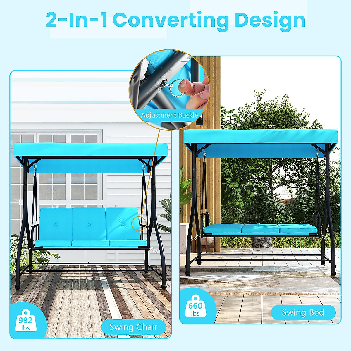 HAPPYGRILL 3 Seat Outdoor Porch Swing, 2-in-1 Swing Glider with Adjustable Canopy, Removable Cushions, Foot Pad, Curved handrails, Outdoor Swing for Patio Yard Garden Balcony Backyard, Turquoise