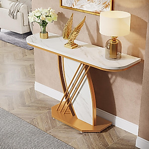 Tribesigns Gold Entryway Table, Modern Console Table, Half Moon Entry Table with Geometric Metal Legs, Faux Marble Narrow Sofa Table Hallway Table for Entrance, Living Room, White & Gold
