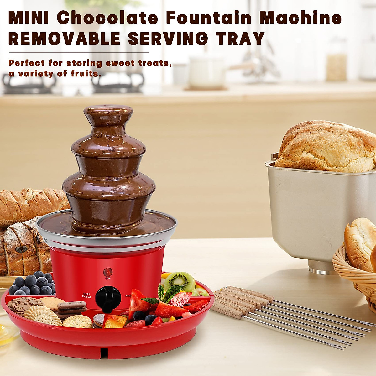 16-Ounce Chocolate Fondue Fountain, 3-Tier MINI Chocolate Fountain, Electric Melting Machine with 6PCS Fondue Fork and Removal Fruits/Nuts/Treats Serving Tray for BBQ Sauce,Ranch,Nacho Cheese,Liqueurs