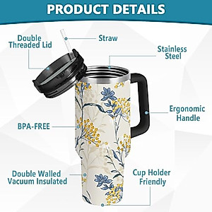 Yasala Car Tumbler with Handle Wildflowers Travel Mug Coffee Cup Insulated Beverage Container Mega Cup for Hot Cold Drinking Thermos Water Bottle Cupholder Friendly 40 oz