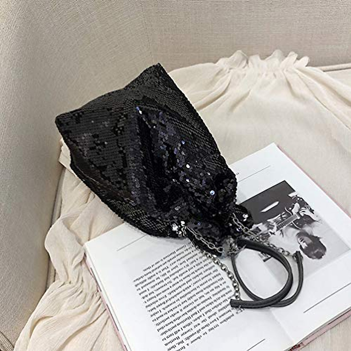 FENICAL Crossbody Bucket Bag Sequin Mermaid Handbag Flippy Tote Bag with Chain Strap for Women Lady Girl - Black