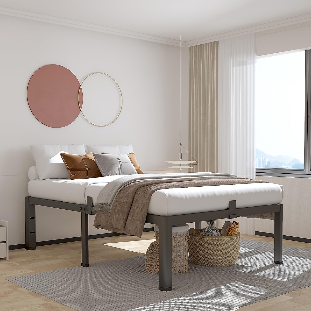 ROIL 18 inch Twin Bed Frames with Headboard Hole and Round Corner Legs Mattress Retainers 3500LBS Heavy Duty Steel Slats No Box Spring Needed Platform Noise-Free Easy Assembly