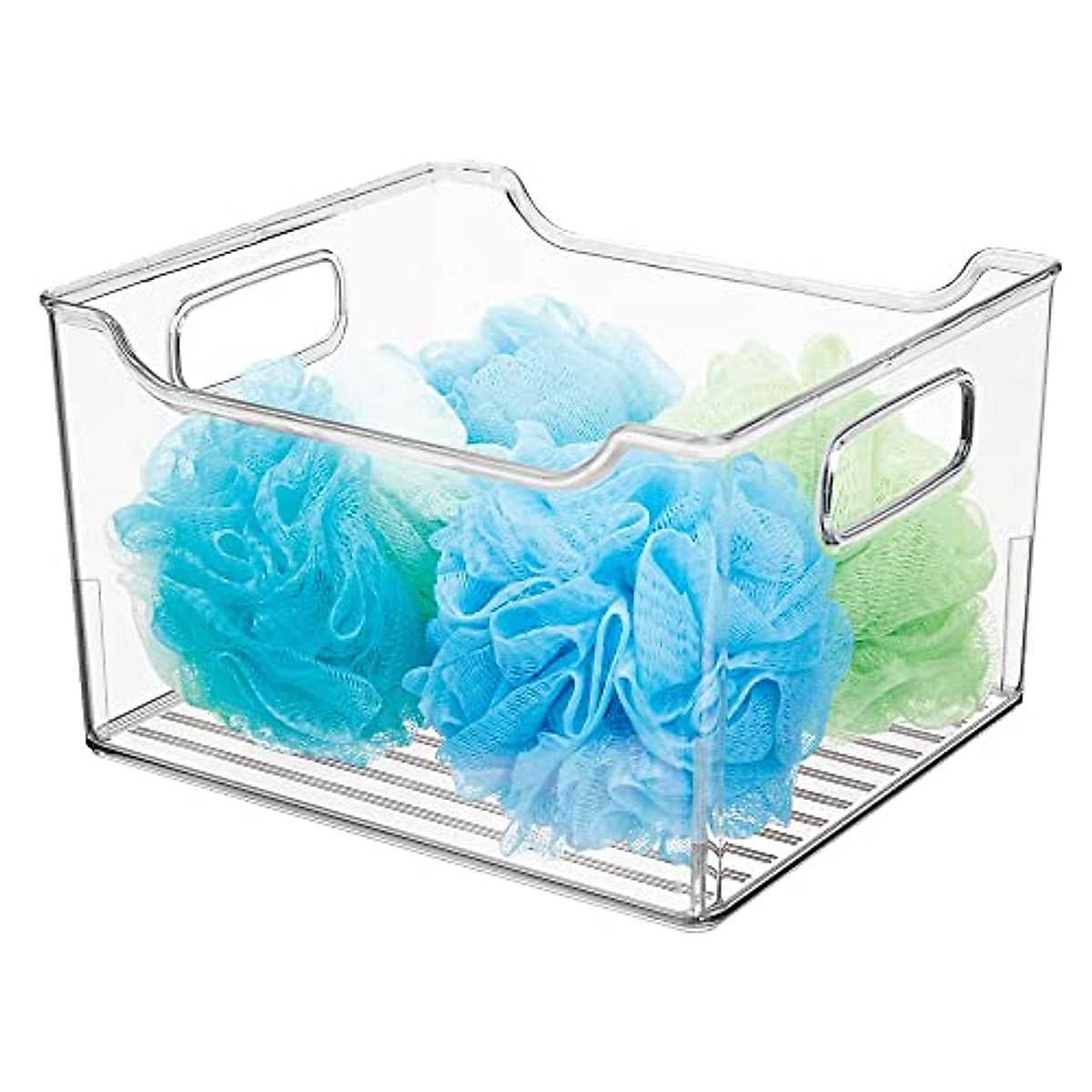 mDesign Large Deep Plastic Storage Bin with Handle for Bathroom/Vanity Organization - Countertop Makeup Organizer - Organization for Shelf, Cabinet, and Closet Decor - Ligne Collection, 4 Pack, Clear