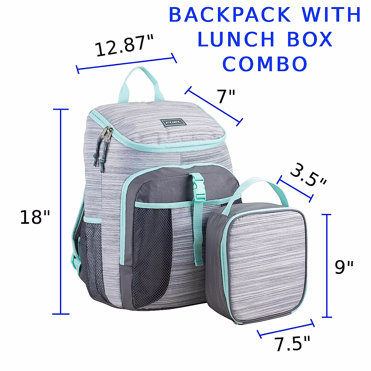 FUEL Top Loader Backpack with Lunch Box Combo – 18” Two Compartment Water Resistant Durable Adjustable Straps with Side Water Bottle Pockets 2 in 1 Set – Slate Grey