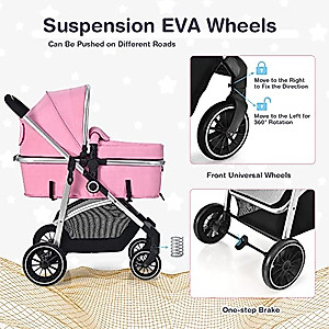 BABY JOY 2 in 1 Convertible Baby Stroller, High Landscape Baby Stroller w/Reversible Seat, Removable Footmuff, Adjustable Backrest & Canopy, Foldable Infant Pram Stroller for 0-36 Months Babies, Pink