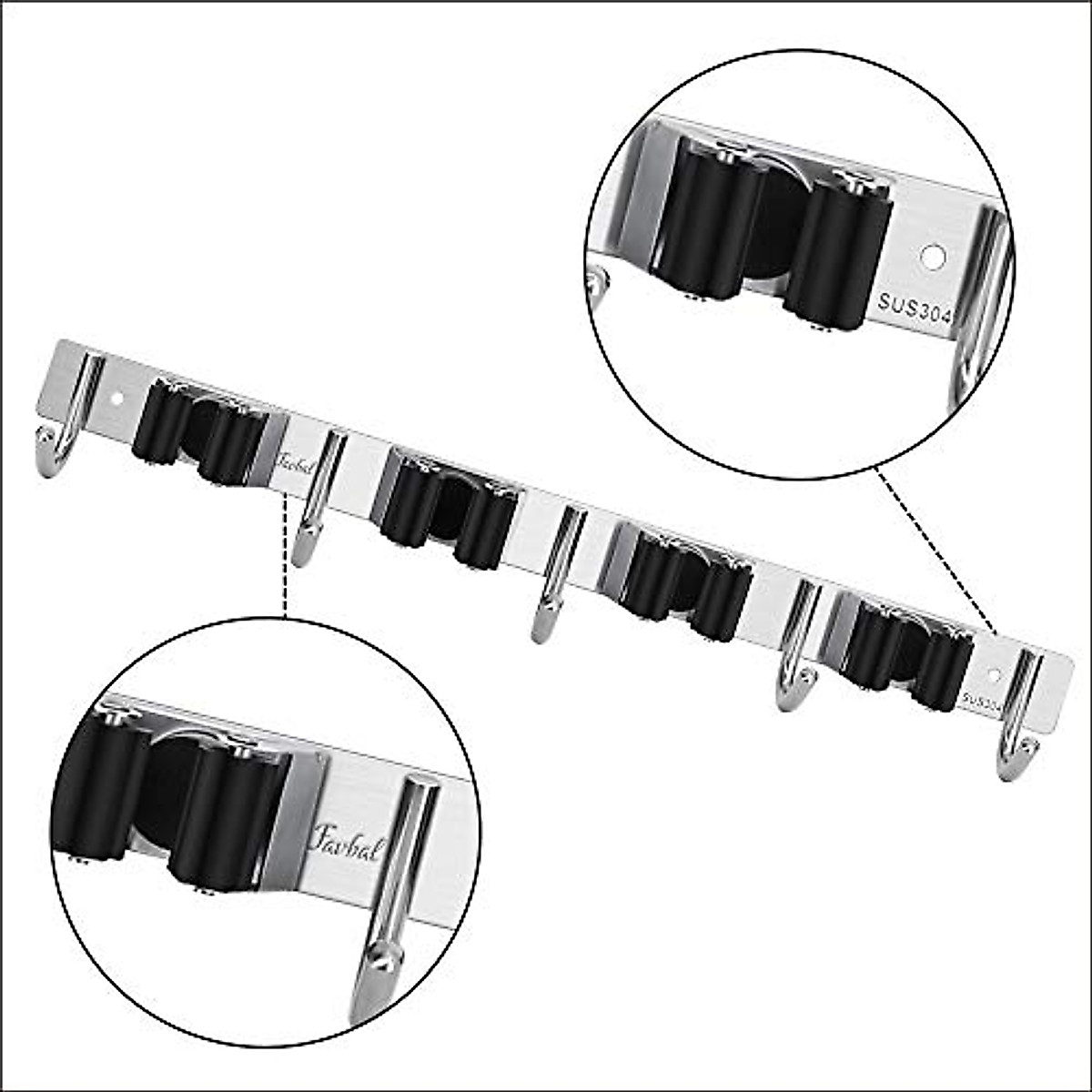 Favbal Garage Storage Stainless Steel Mop Broom Holder Wall Mount Heavy Duty Tools Hanger with 4 Racks 5 Hooks for Kitchen Bathroom Closet Garage Office Garden