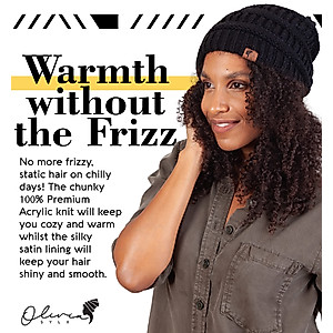 Olivia Sylx Satin Lined Beanie for Women - Satin Beanie,Silk Beanie, Satin Lined Winter Hats for Women & Slouchy Beanie Black