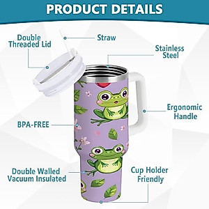 RPLIFE Cute Cartoon Frogs 40oz Tumbler with Handle, Stainless Steel Water Bottle with Straw, Coffee Tumbler for Women