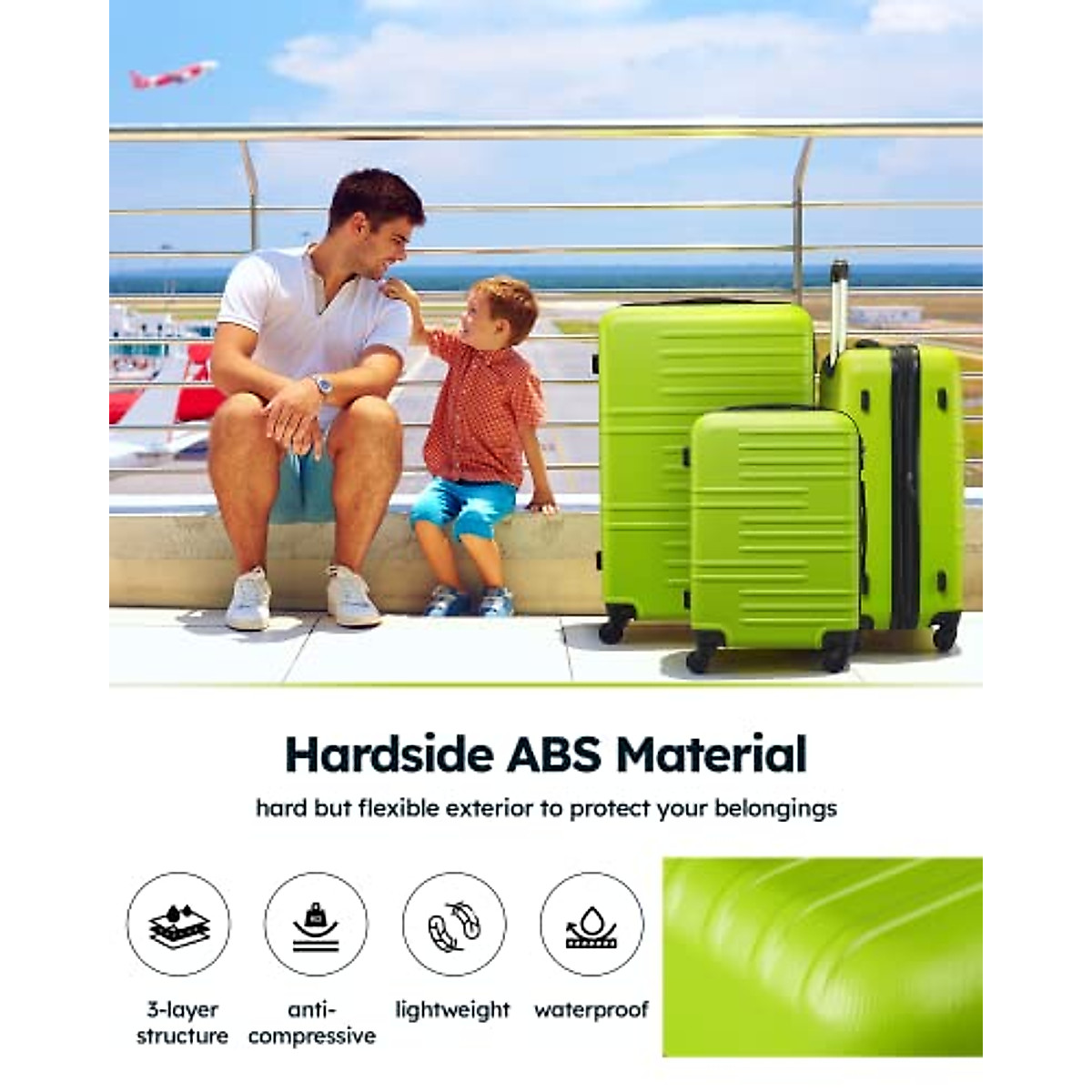 3 Piece Luggage Set Expandable (Only 24" & 28"), Hard Suitcase Set with Spinner Wheels and TSA Lock, Travel Luggage Set (Green Lime)