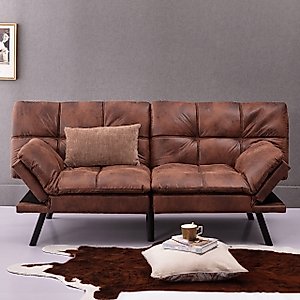 Anwick Convertible Memory Foam Futon Couch Bed, Leather Futon Sofa Bed, Folding Modern Sleeper Sofa with Quick Adjustable Armrest and Backrest for Studio Apartment/Home Office/Small Space (Brown)