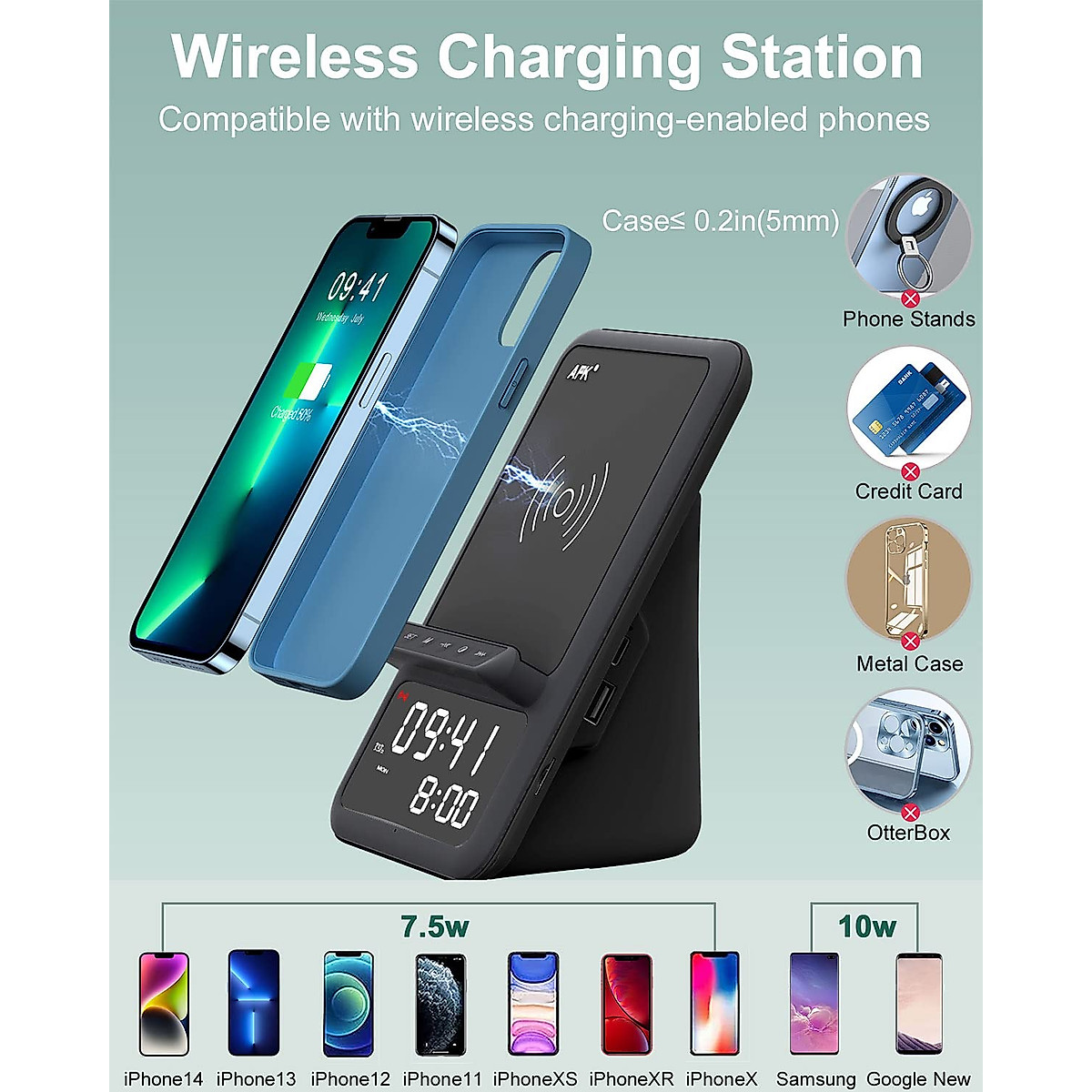 AFK Wireless Charging Station with Bluetooth Speaker and Alarm Clock, 4 in 1 Wireless Charger Compatible with iPhone15 14 13 12 11 Pro Max Series,Samsung Series and Other Android Phones(Black)