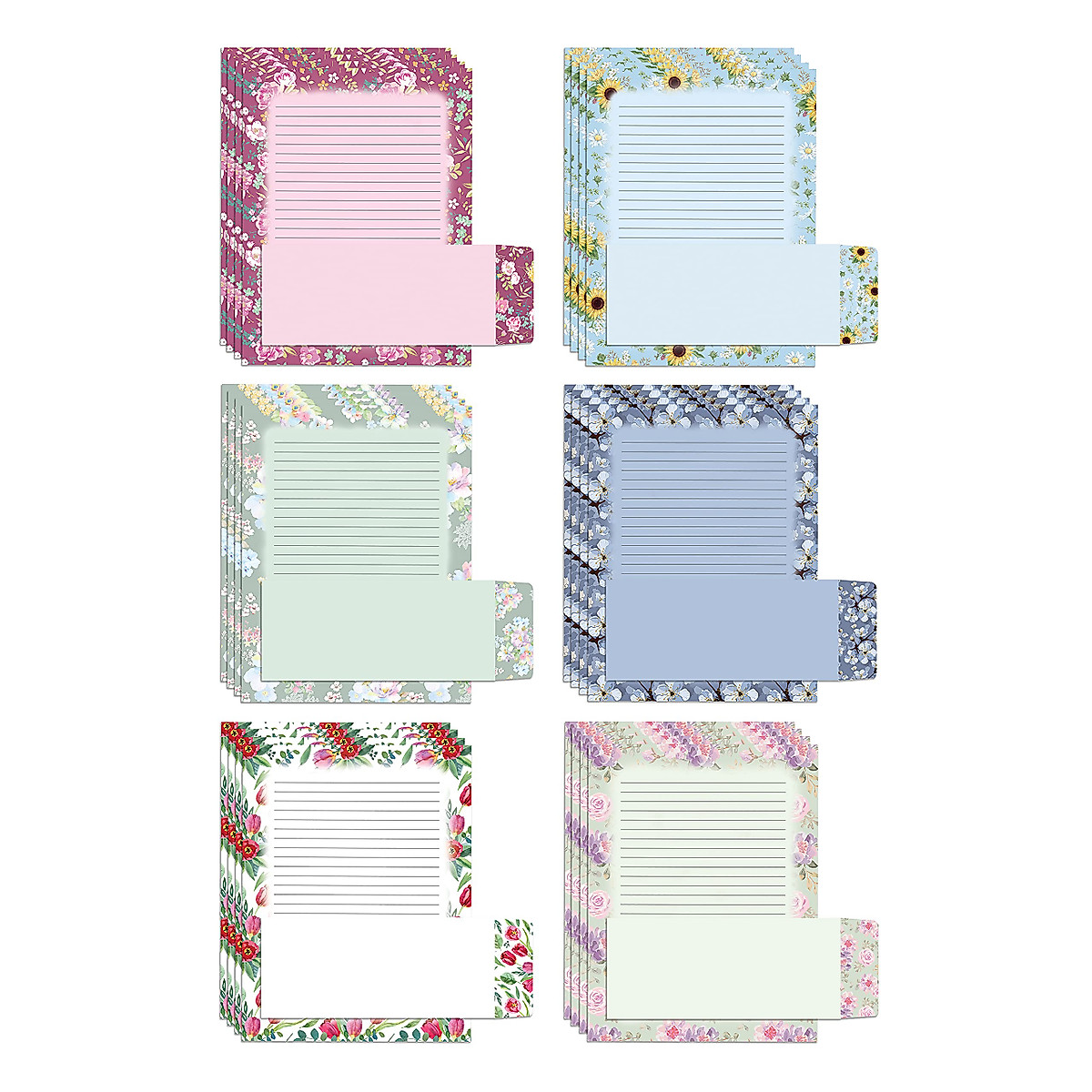 Floral Paper Stationery Set, 100 Piece Set (50 Lined Sheets + 50 Matching Envelopes), Letter Size 8.5 x 11 inch, 6 Designs, Double Sided/Lined Printing Paper, by Better Office Products