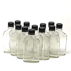 200 ml (6.6 oz) Glass Flask Liquor Bottle with Black Caps (12 Pack)