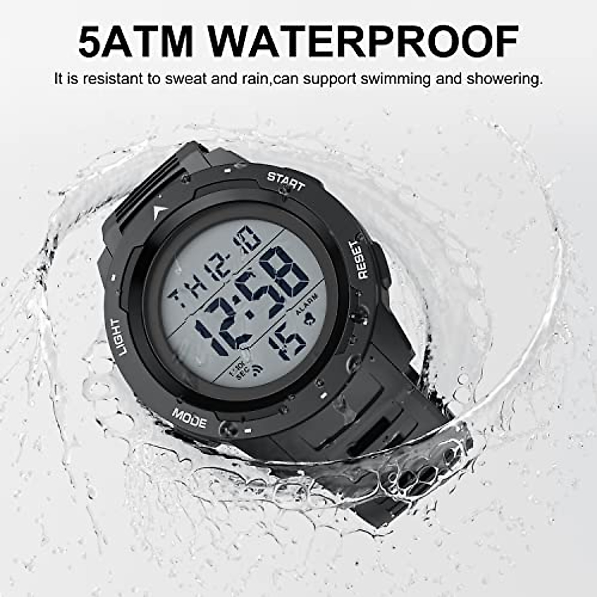 GOLDEN HOUR Mens Waterproof Digital Sport Watches Wide Screen Easy Read Display Military Style with Black Rubber Strap