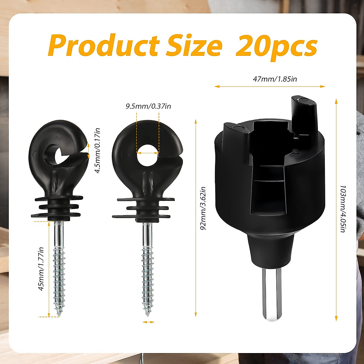 20pcs Electric Fence Insulator, Screw-in Insulator Fence Ring Post with a Insulator Socket Tool Self Tapping Wood Post Ring Insulators for Farm Animal (Black)