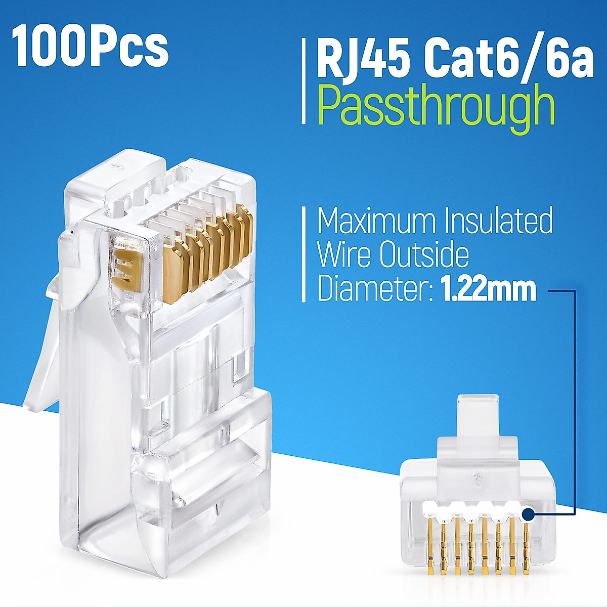 GTZ RJ45 Cat6/6a Pass Through Connectors for a Thick 23 AWG Large Diameter UTP Network Cable, 100 Pcs | Insert Guides Included