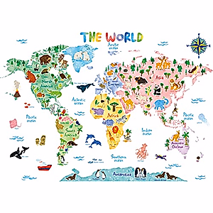 DECOWALL BS-1615S Animal World Map Kids Wall Stickers Wall Decals Peel and Stick Removable Wall Stickers for Kids Nursery Bedroom Living Room (Large) décor
