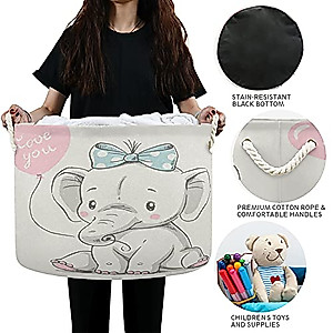 Round Storage Basket 20"x14" Cute Baby Elephant and Balloons Collapsible Storage Organizer Basket with Handles, Fabric Nursery Laundry Basket Large Capacity